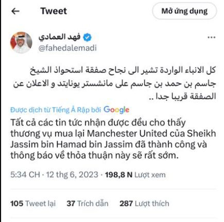 Nóng rộ tin tỷ phú Sheikh Jassim sẽ là ông chủ mới của MU, báo chí Qatar xác nhận